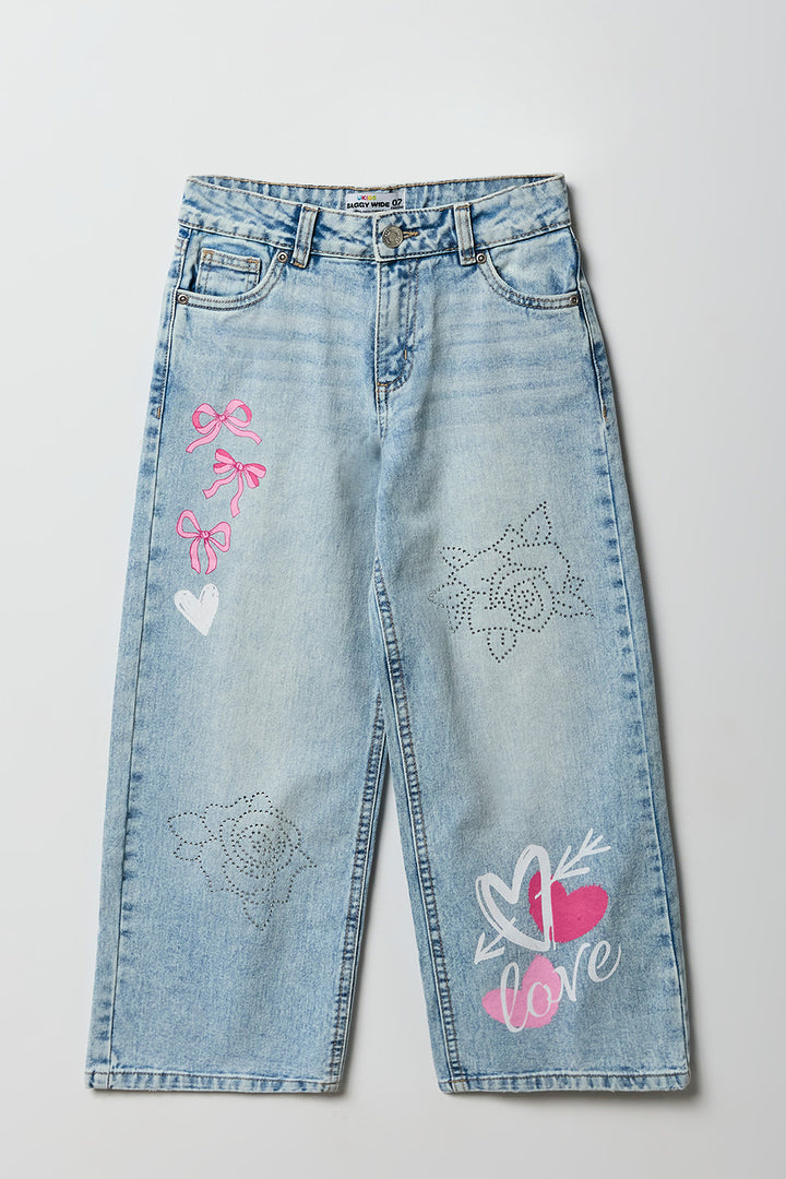 Girls Rhinestone Graphic Baggy Wide Leg Jean – Urban Planet